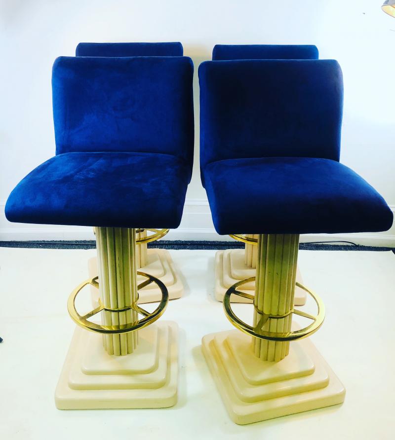 Designs for Leisure Ltd - SET OF FOUR MODERN COLUMN AND BRASS BAR STOOLS