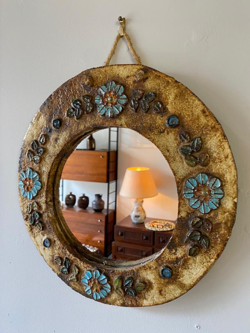 La Roue Vallauris - Ceramic Mirror by La Roue Vallauris, France, 1960s
