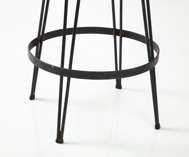 French Industrial Wrought Iron Counter Stools with Nubuck Upholstery