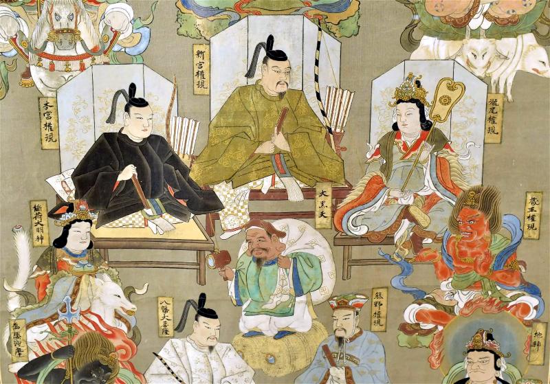 Japanese Silk Suijaku Scroll Nyorai-Kojin with Mixed Buddhism and ...