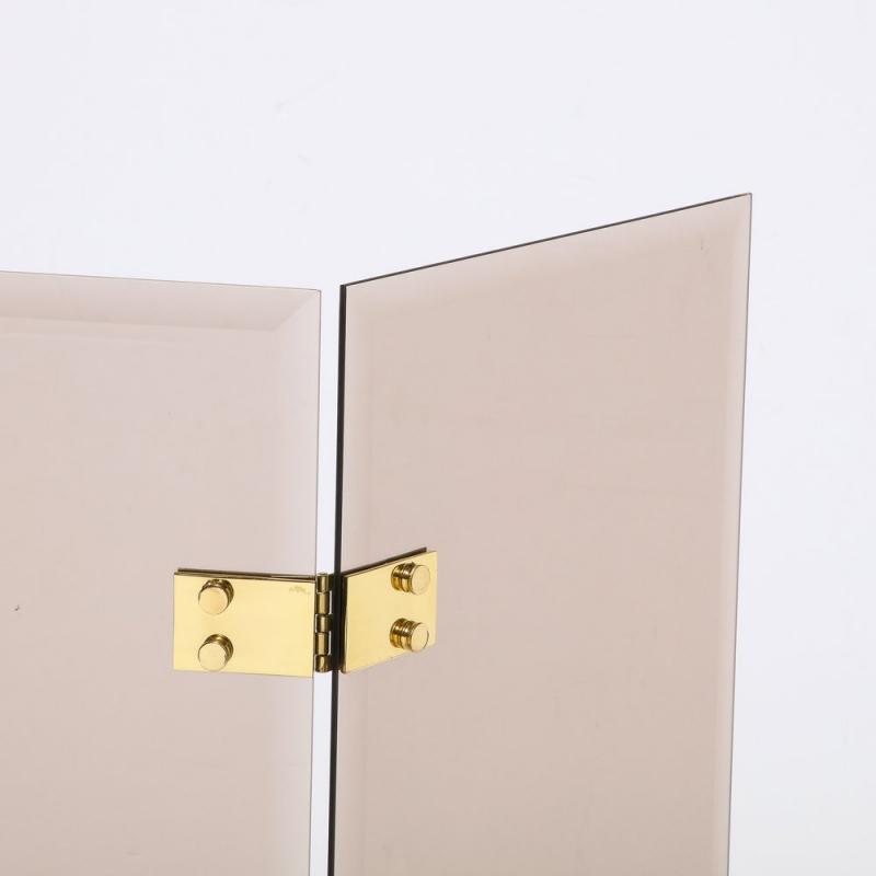 Mid-Century Modernist Tri-Fold Smoked Glass Fire Screen with Brass Hinges