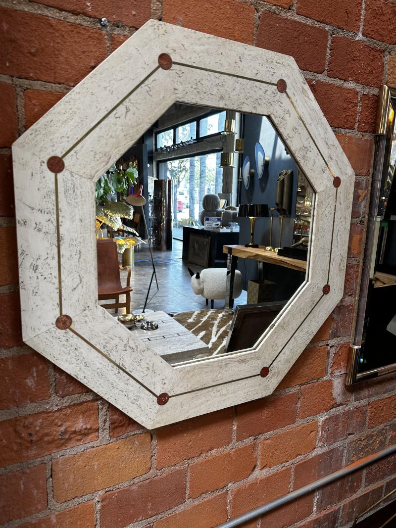 Vintage Italian Octagonal Travertine Wall Mirror 1980s