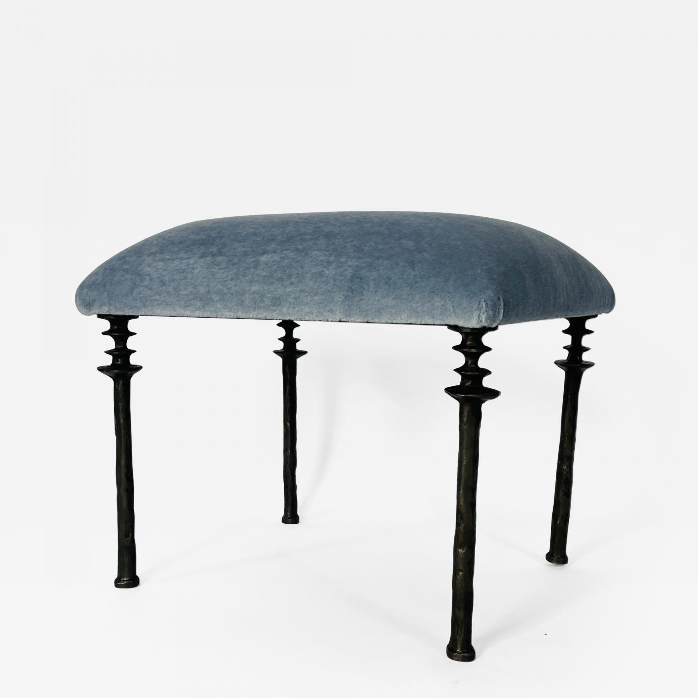 Bourgeois Boheme Atelier - Pair of Sorgue Stools, Blue Mohair Fabric