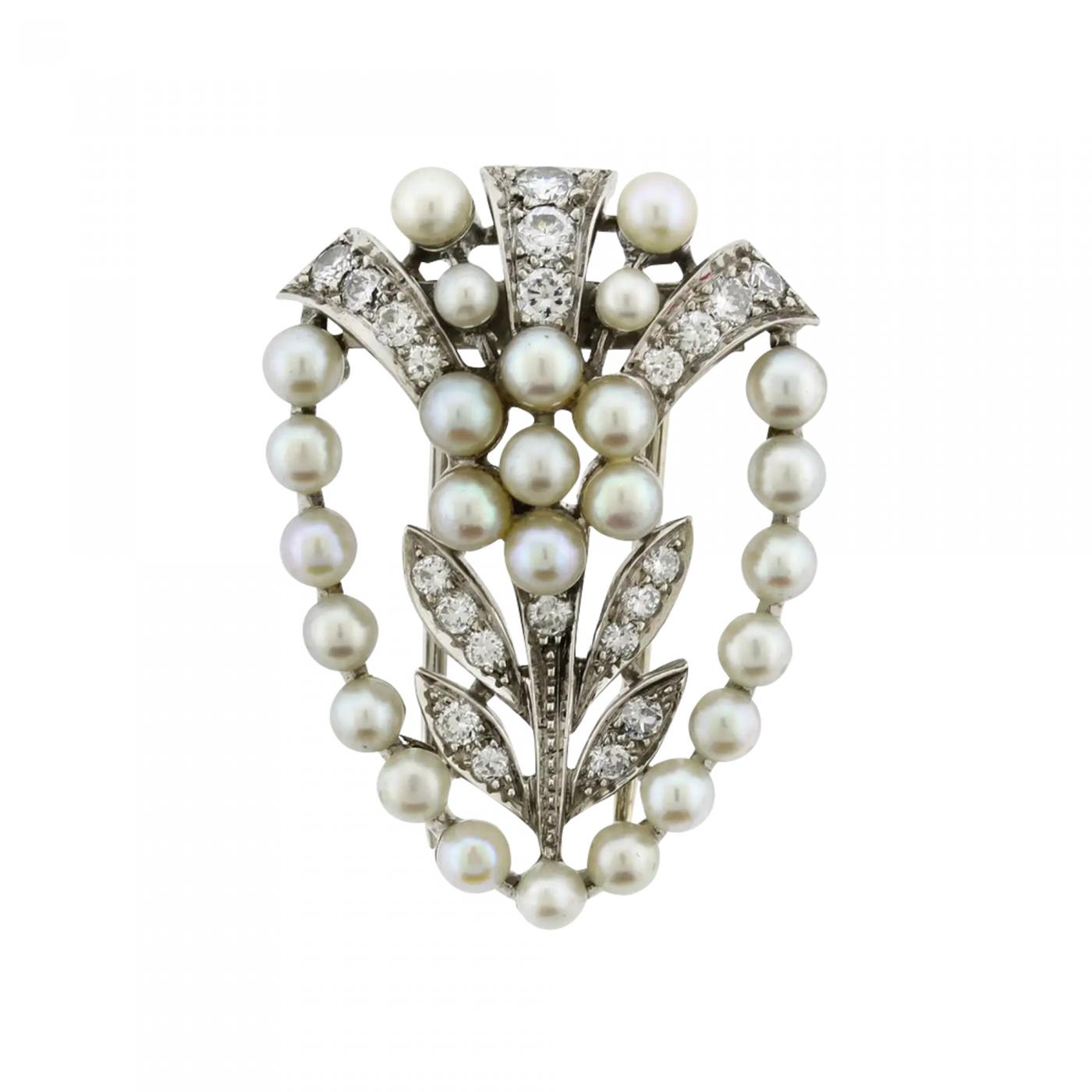 Tiffany & Co. - TIFFANY & CO. DIAMOND AND PEARL PALLADIUM FLOWER BROOCH
