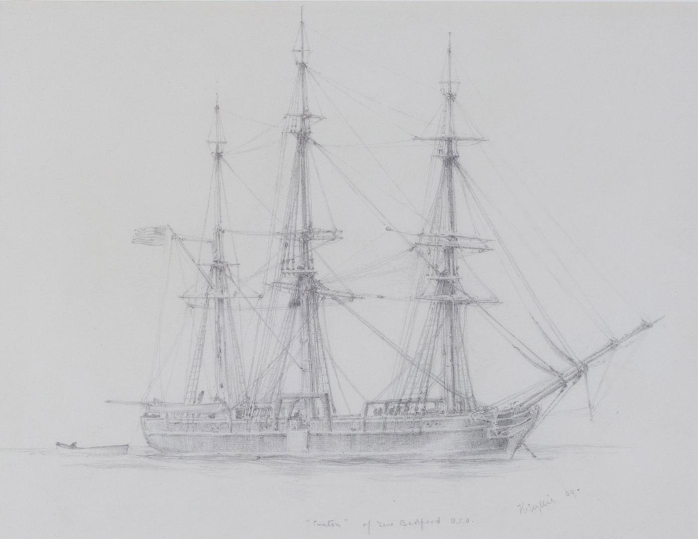 Unusual Pencil Drawing of “Canton”, a Three-Masted Whaling Ship by ...