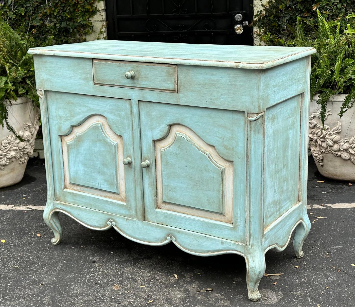 Antique French Provincial Blue Blue Paint Decorated Buffet Cabinet