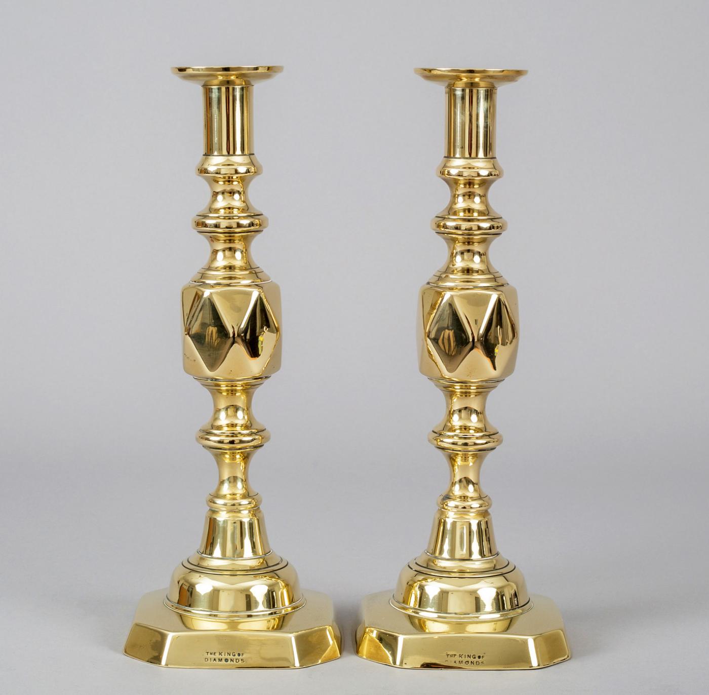 Antique Pair Brass "The King of Diamonds" Candlesticks