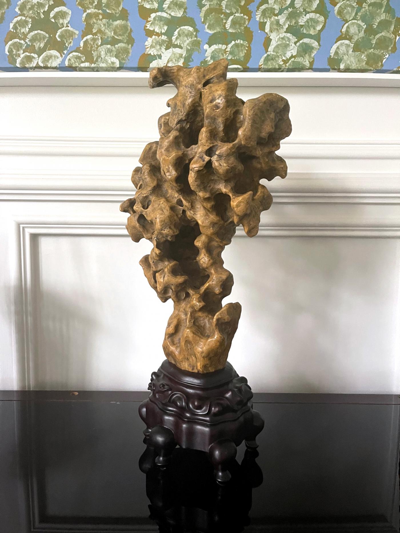 Chinese Scholar Rock Yellow Taihu Stone on Wood Stand