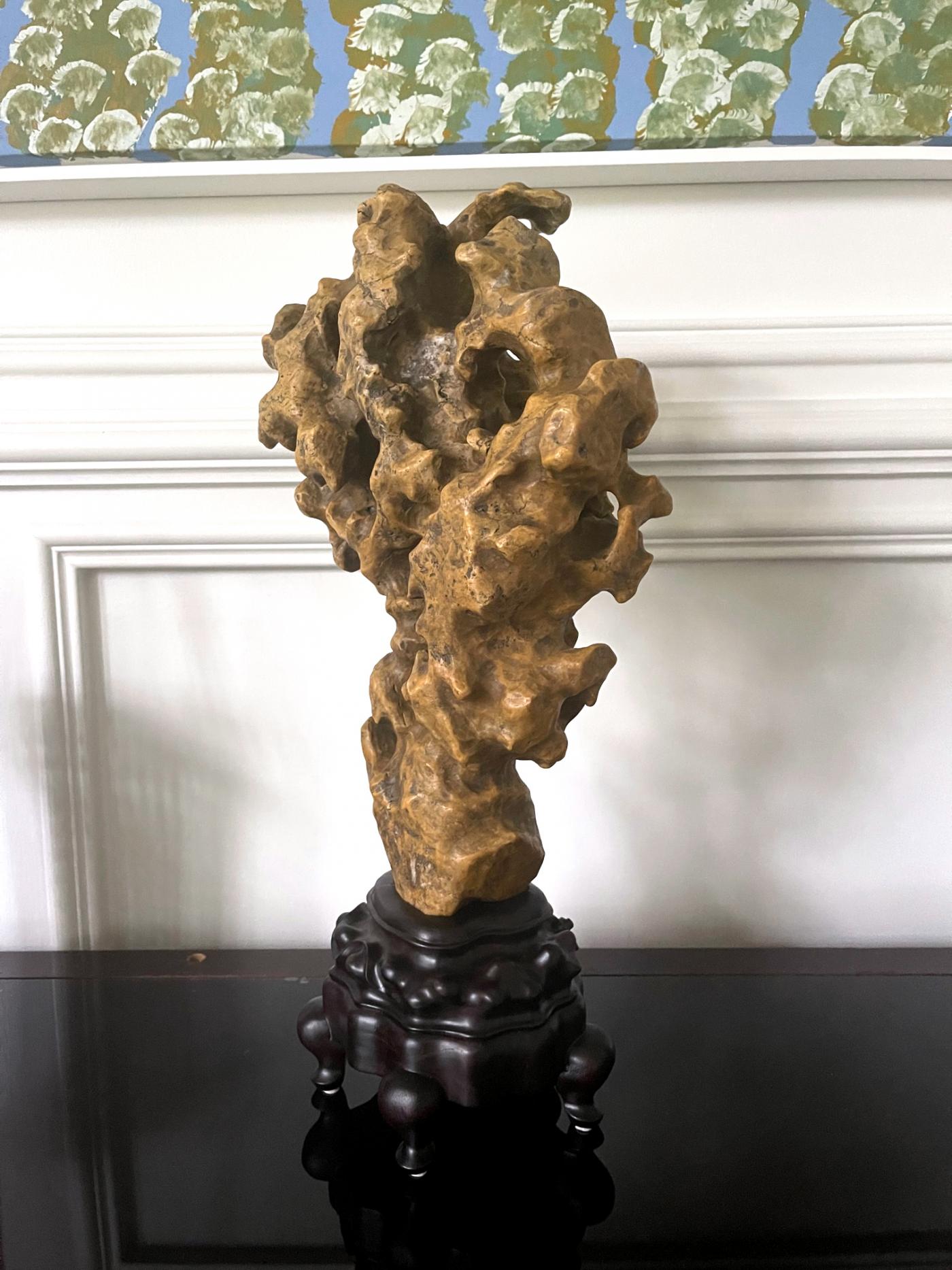 Chinese Scholar Rock Yellow Taihu Stone on Wood Stand