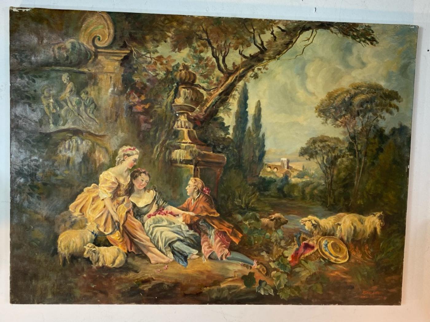 Elmer L Ham - ANTIQUE PASTORAL SCENIC OIL PAINTING AFTER F.BOUCHER