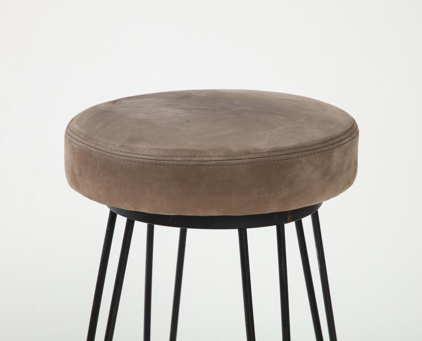 French Industrial Wrought Iron Counter Stools with Nubuck Upholstery