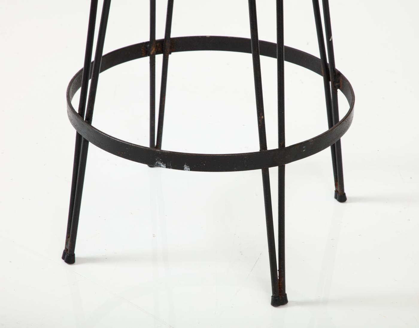 French Industrial Wrought Iron Counter Stools with Nubuck Upholstery