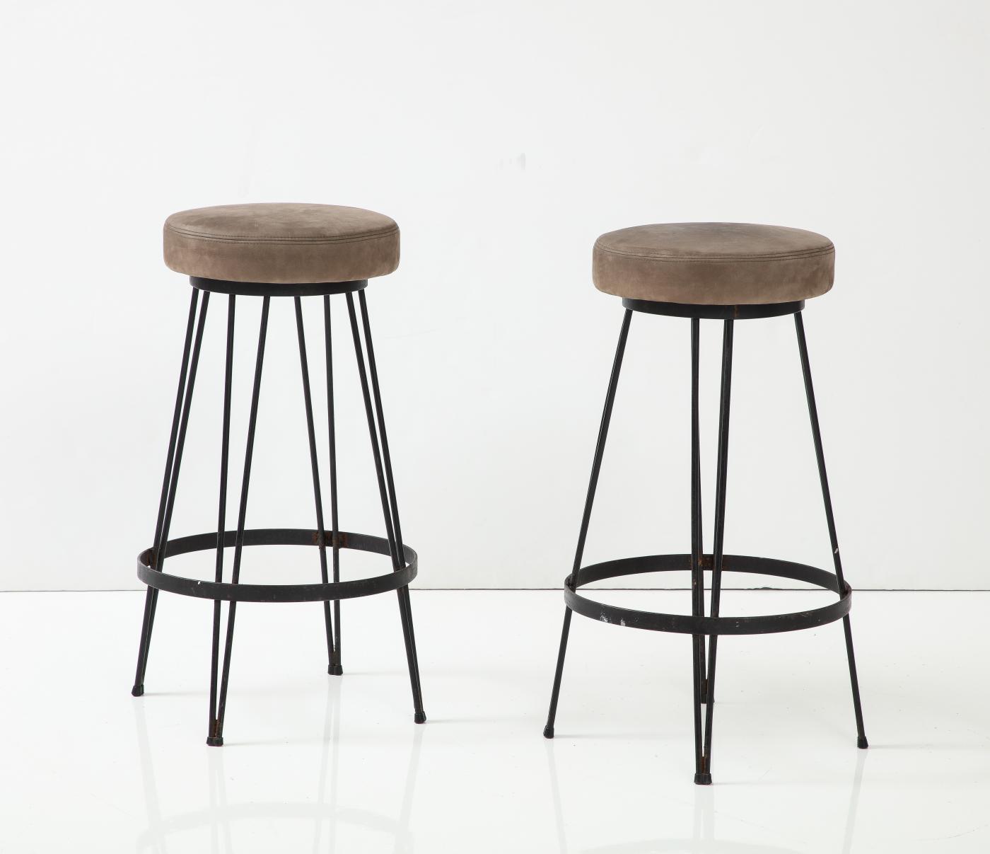 French Industrial Wrought Iron Counter Stools with Nubuck Upholstery