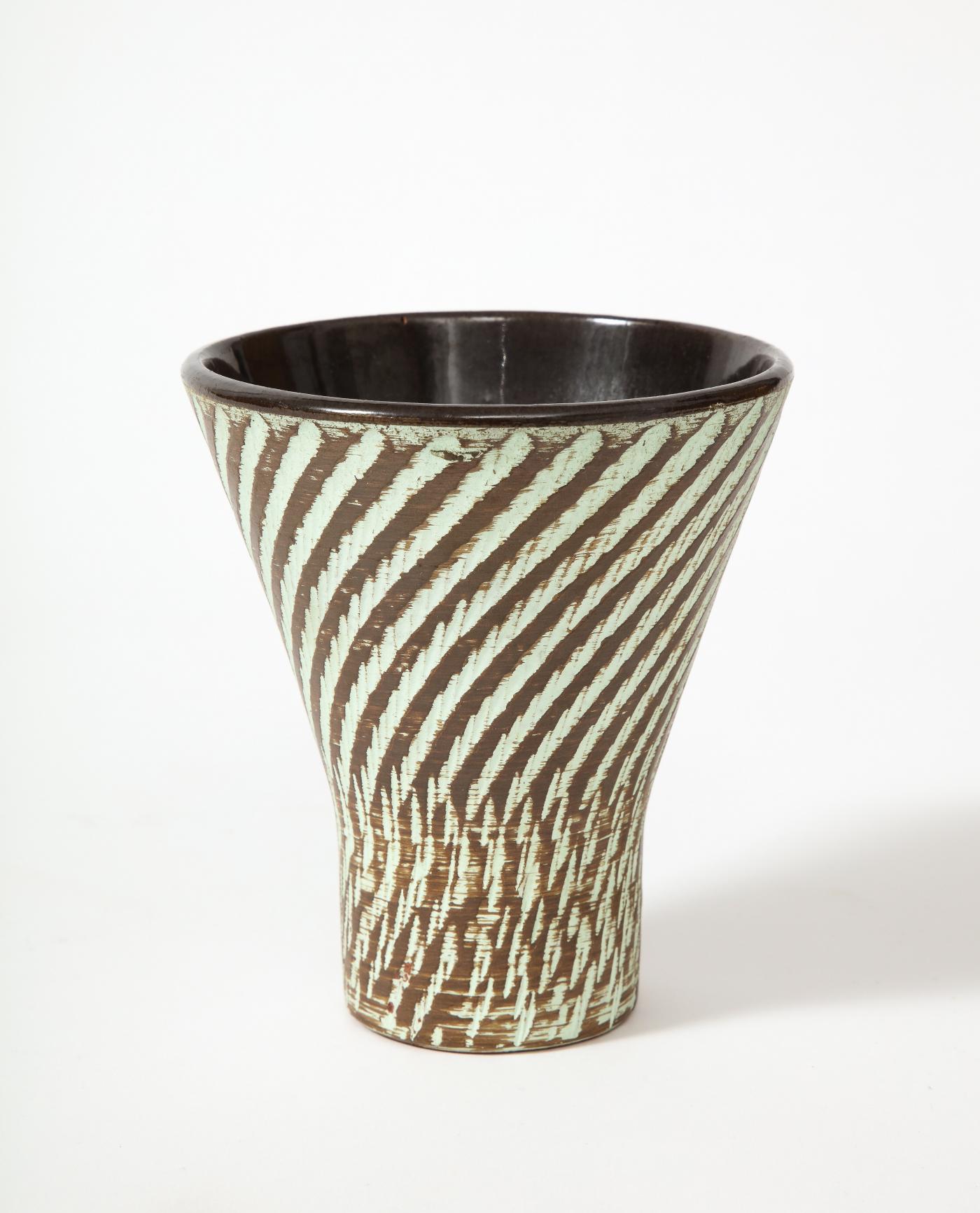 Glazed Brown and White Ceramic Sgraffito Vase, c. 1950