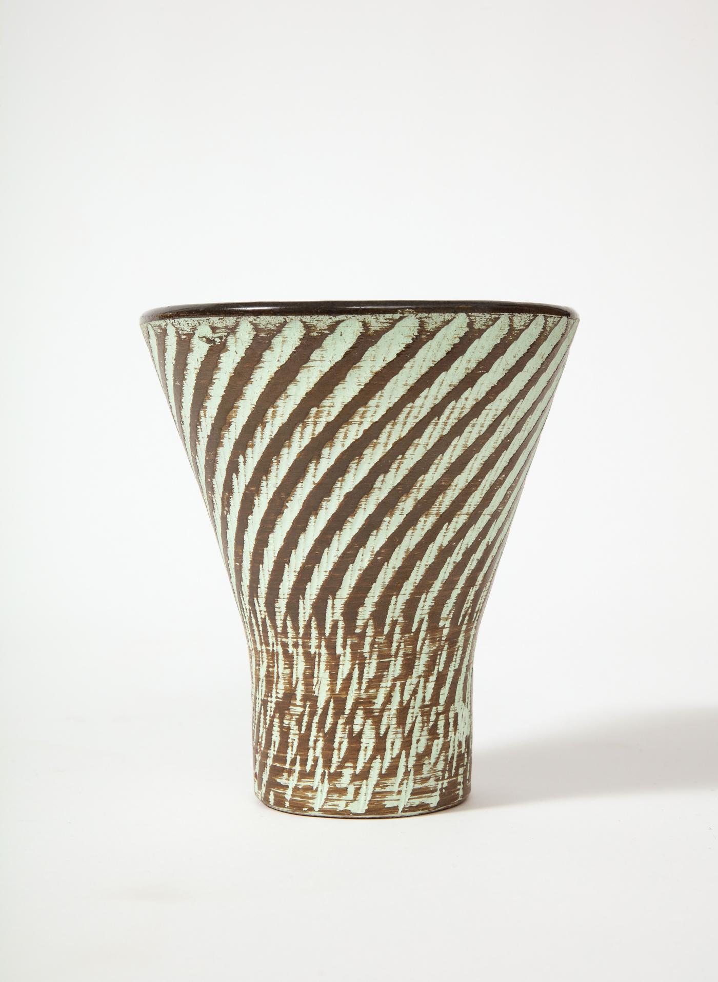 Glazed Brown and White Ceramic Sgraffito Vase, c. 1950