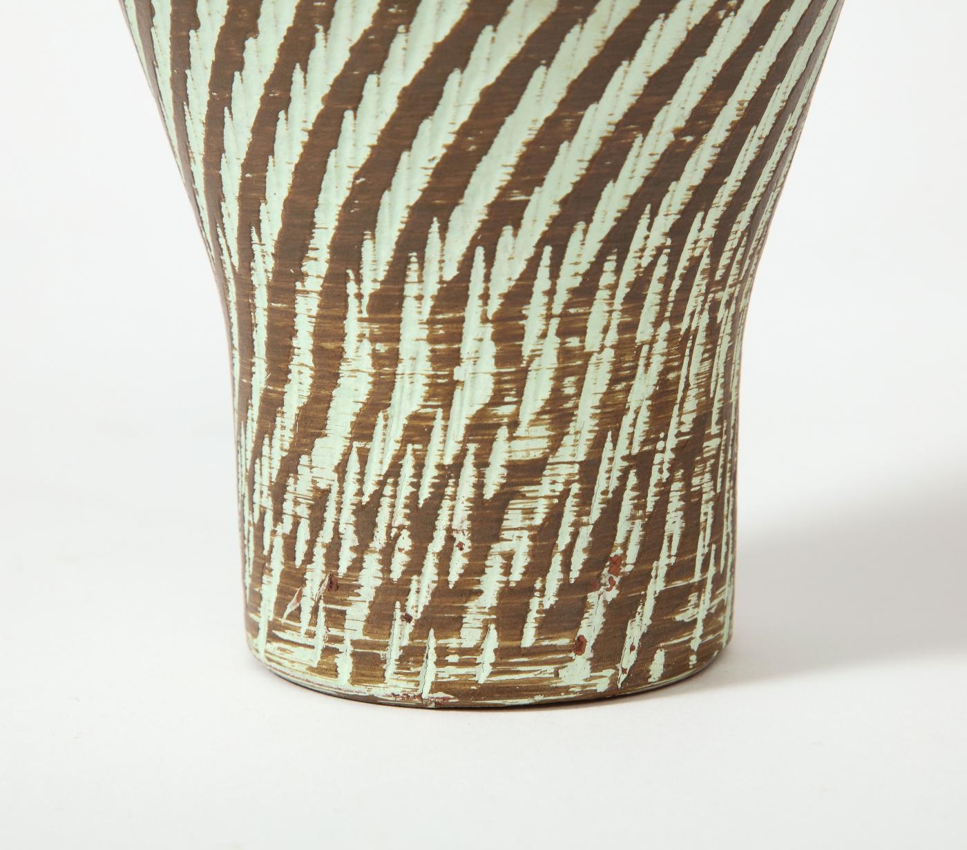 Glazed Brown and White Ceramic Sgraffito Vase, c. 1950