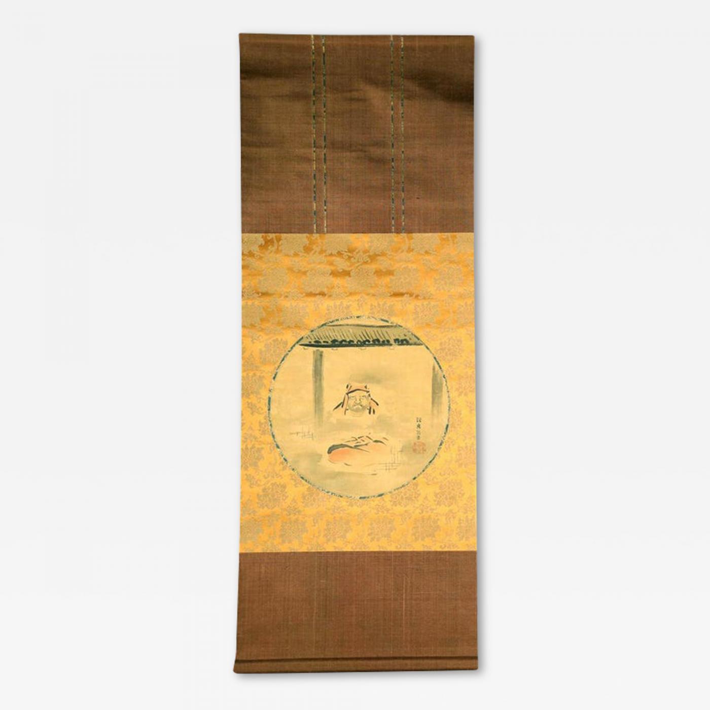 Hababusa Itcho - Japanese Silk Scroll of Daruma Hanabusa Itcho Edo Period