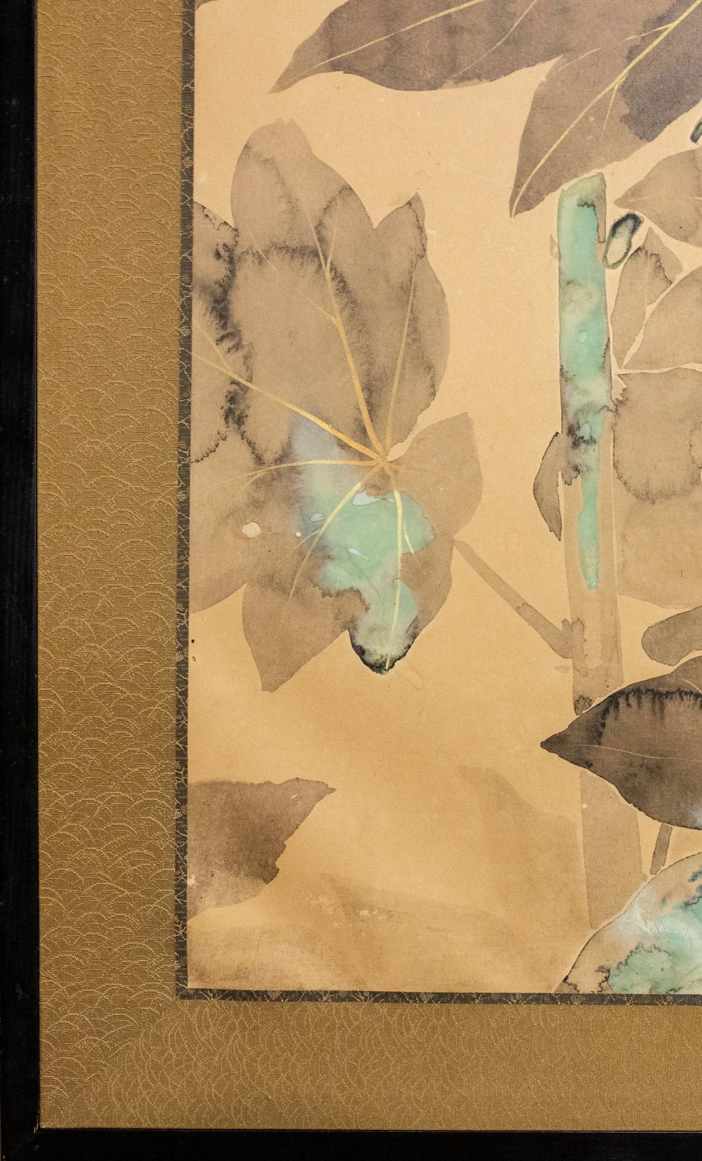 Japanese Two Panel Screen: Rimpa Style Painting of Hollyhocks