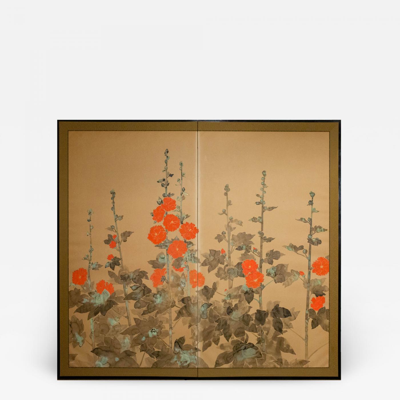 Japanese Two Panel Screen: Rimpa Style Painting of Hollyhocks