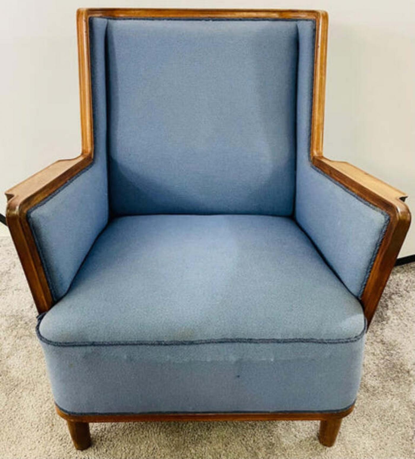 Mid Century Modern Scandinavian Blue Upholstery Lounge Chair