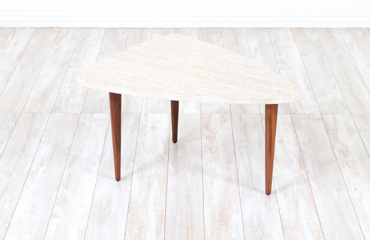 Mid-Century Modern Triangular Travertine Stone Top Side Table
