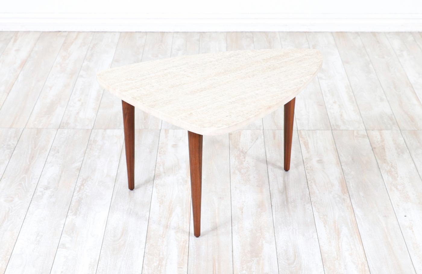 Mid-Century Modern Triangular Travertine Stone Top Side Table
