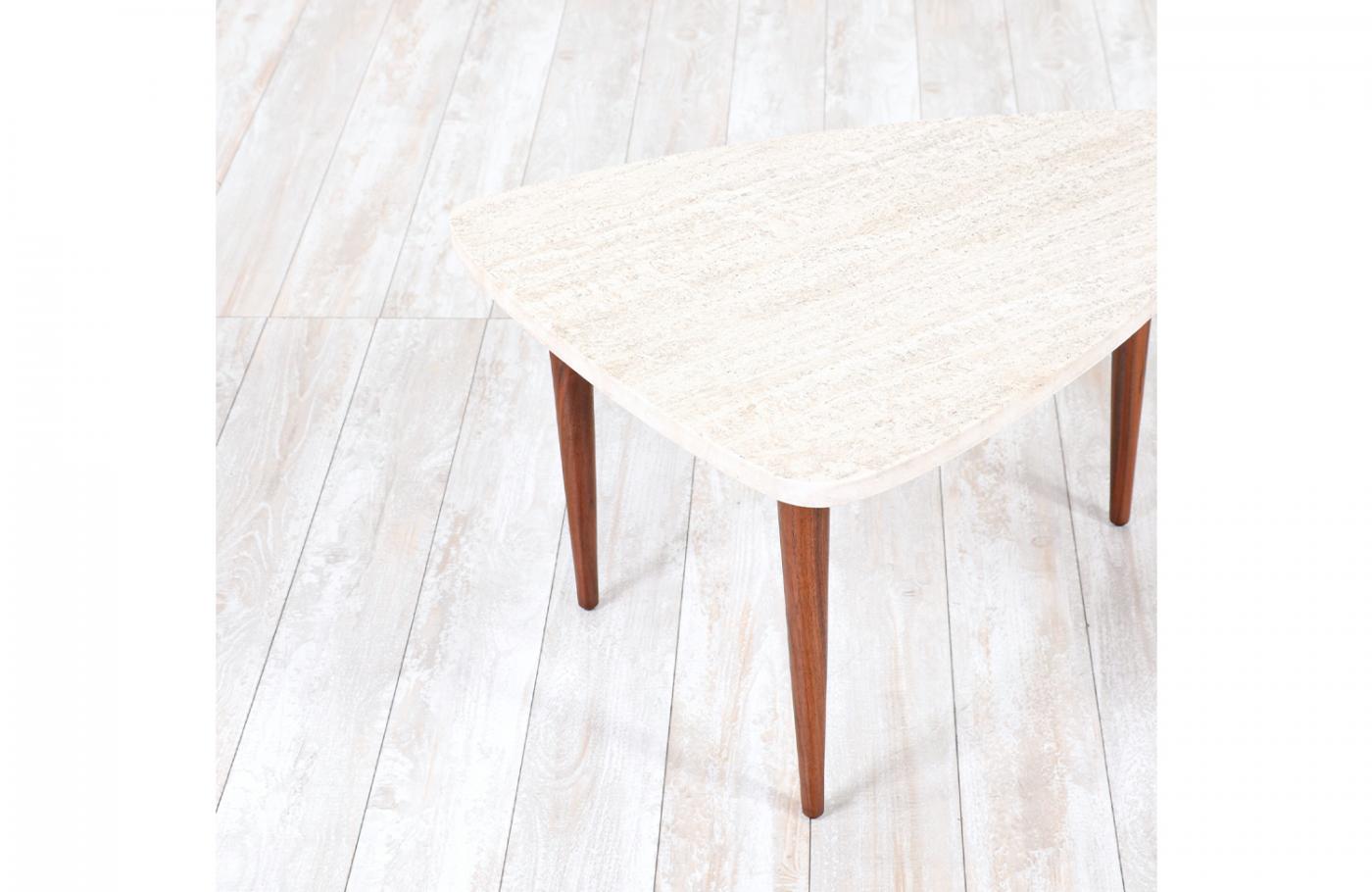 Mid-Century Modern Triangular Travertine Stone Top Side Table