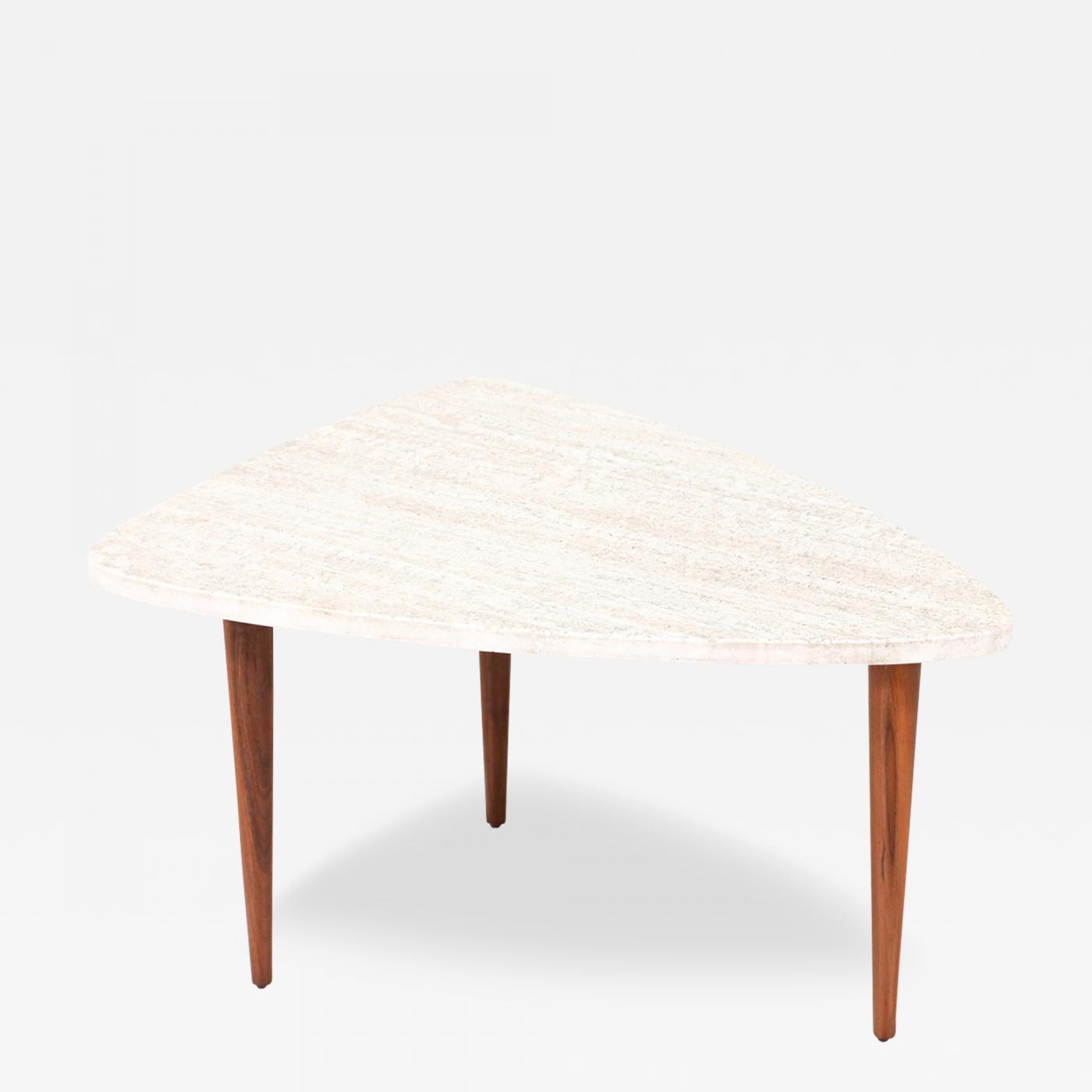Mid-Century Modern Triangular Travertine Stone Top Side Table