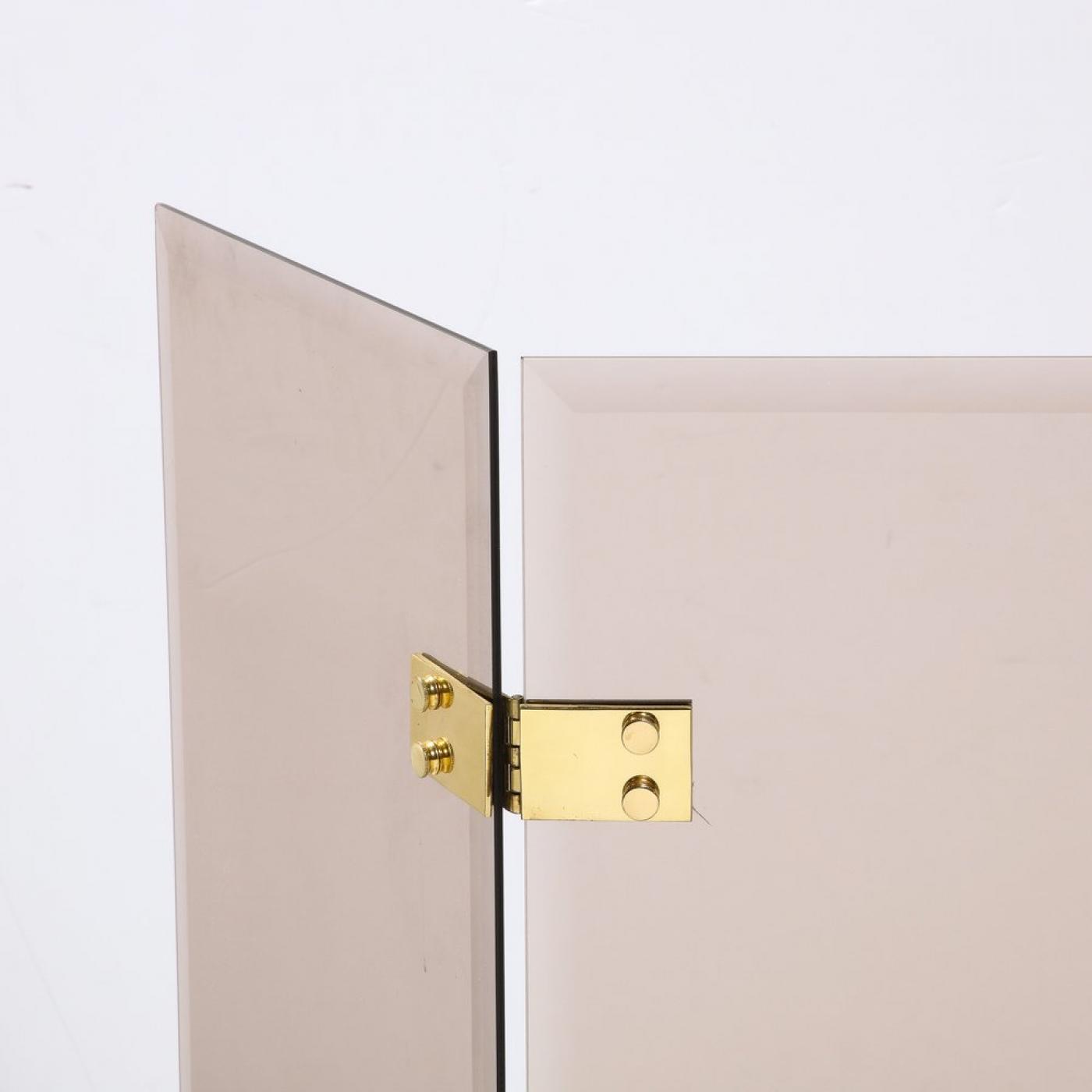 Mid-Century Modernist Tri-Fold Smoked Glass Fire Screen with Brass Hinges