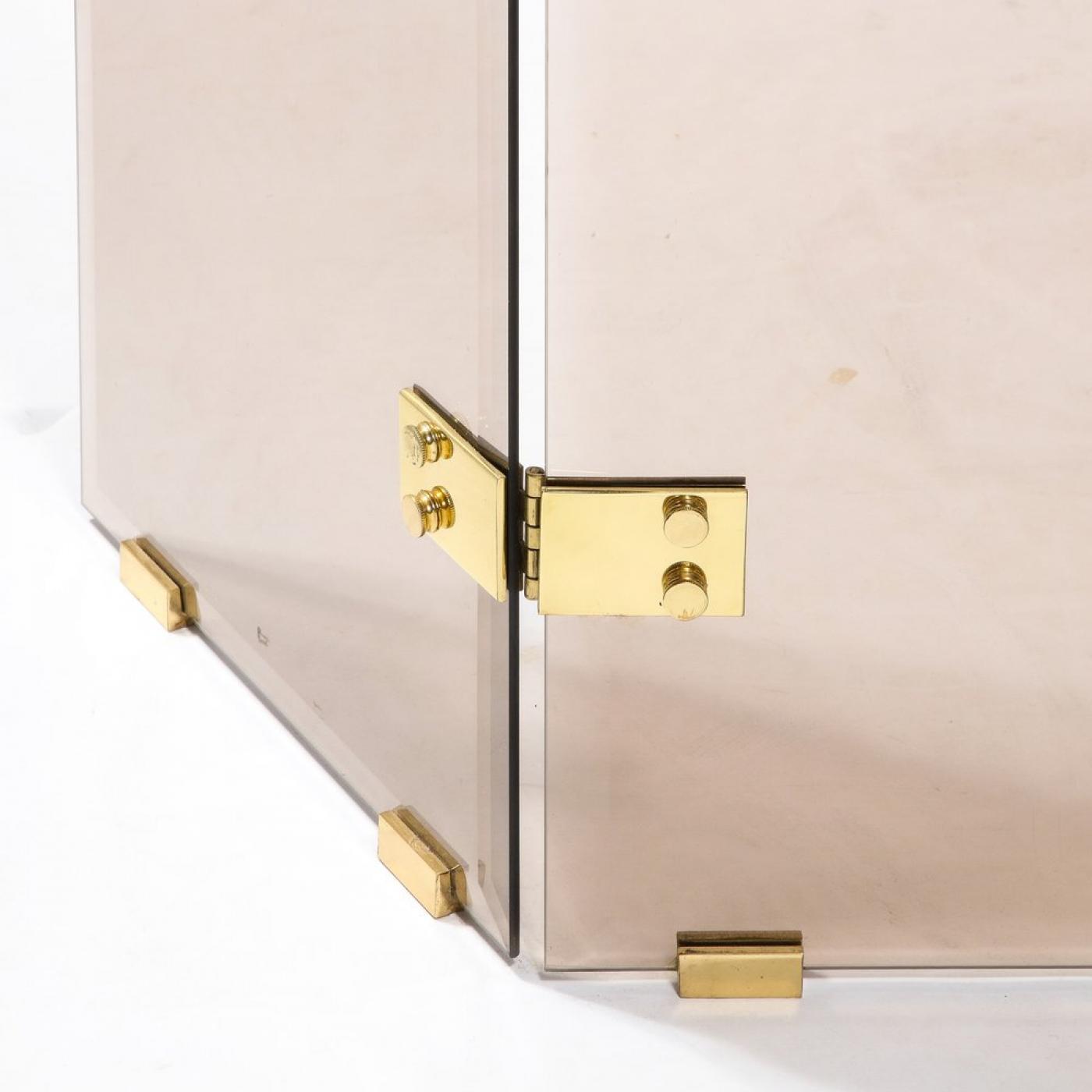 Mid-Century Modernist Tri-Fold Smoked Glass Fire Screen with Brass Hinges