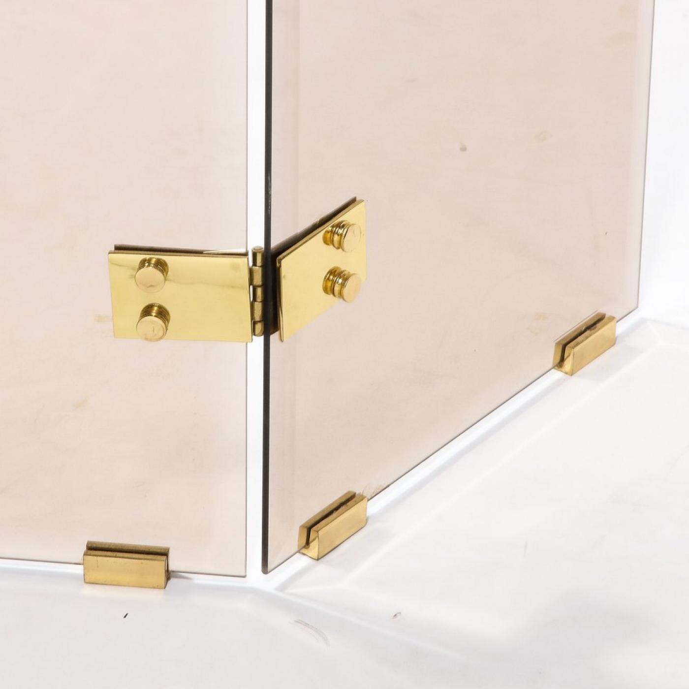 Mid-Century Modernist Tri-Fold Smoked Glass Fire Screen with Brass Hinges