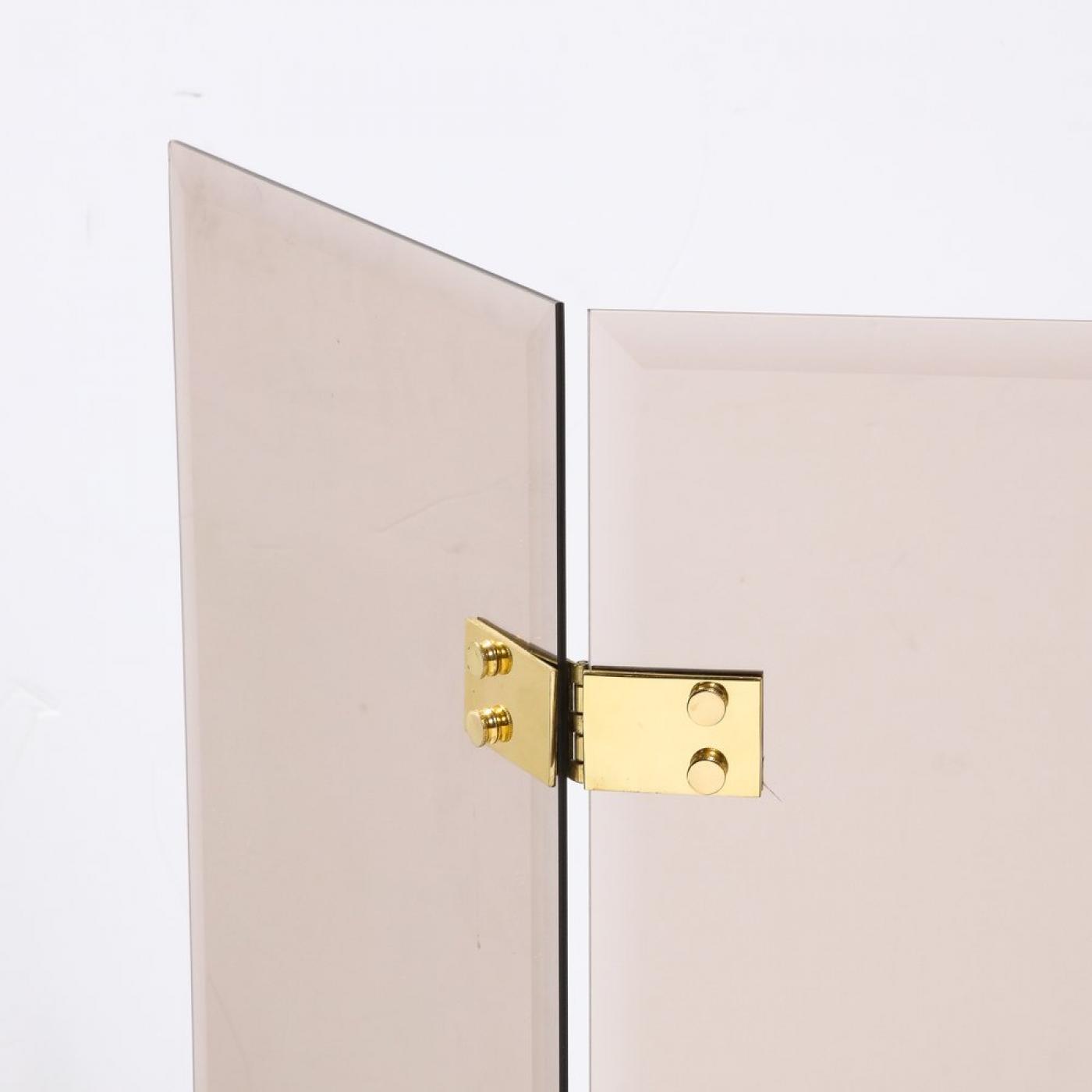 Mid-Century Modernist Tri-Fold Smoked Glass Fire Screen with Brass Hinges