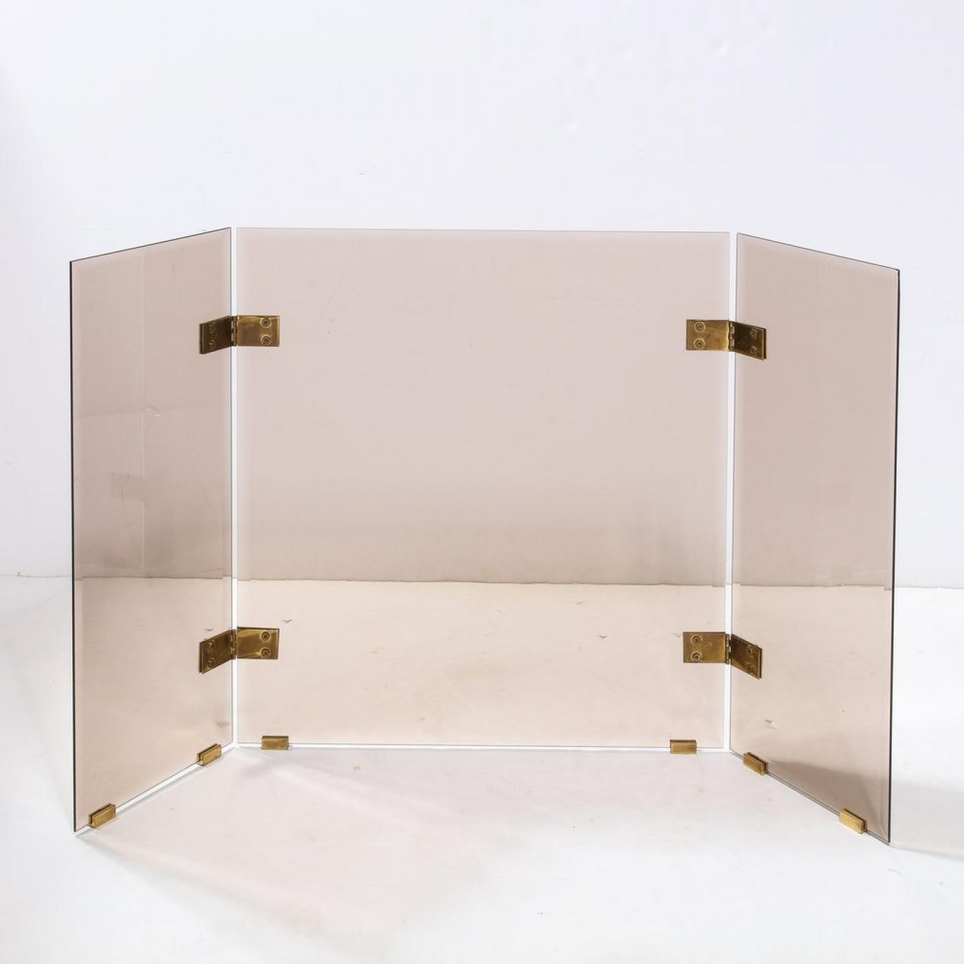 Mid-Century Modernist Tri-Fold Smoked Glass Fire Screen with Brass Hinges
