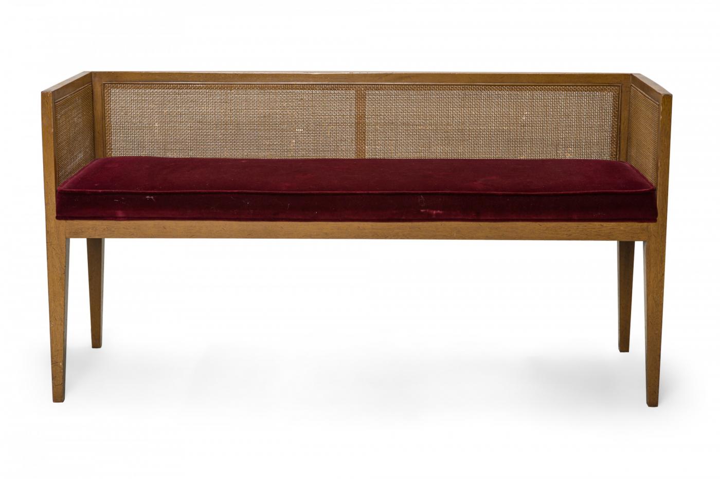 Mid-Century Walnut Caned Back and Burgundy Velour Upholstered Entry Bench