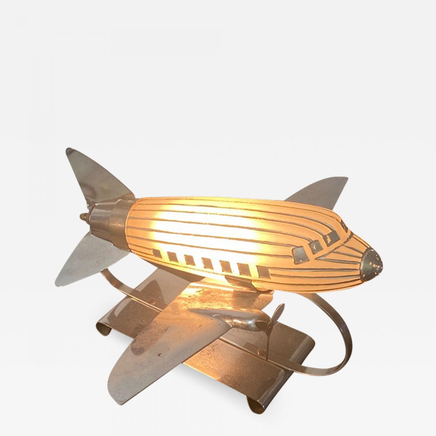 ORIGINAL ART DECO GLASS AND CHROME AIRPLANE LAMP