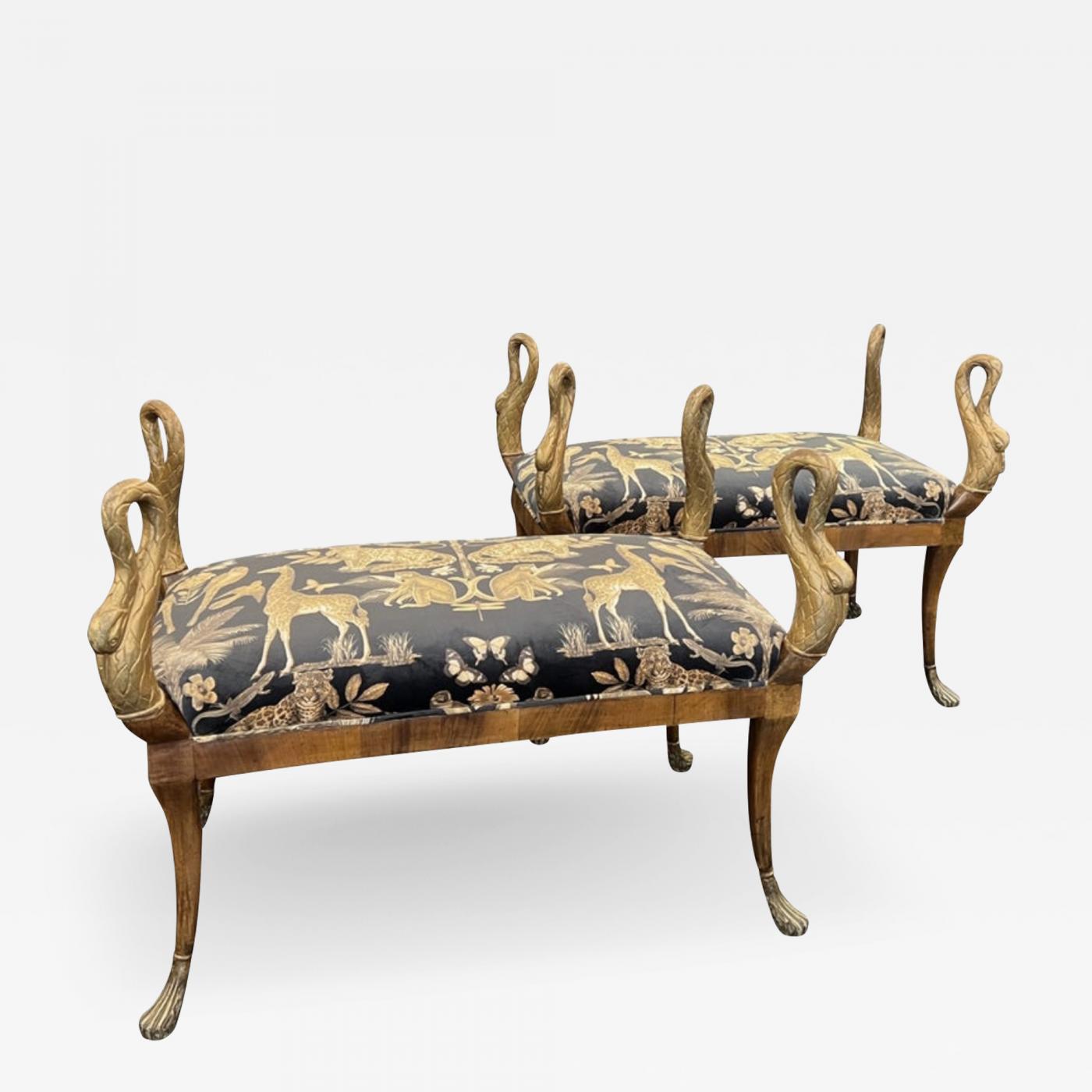 Pair of antique carved swan benches