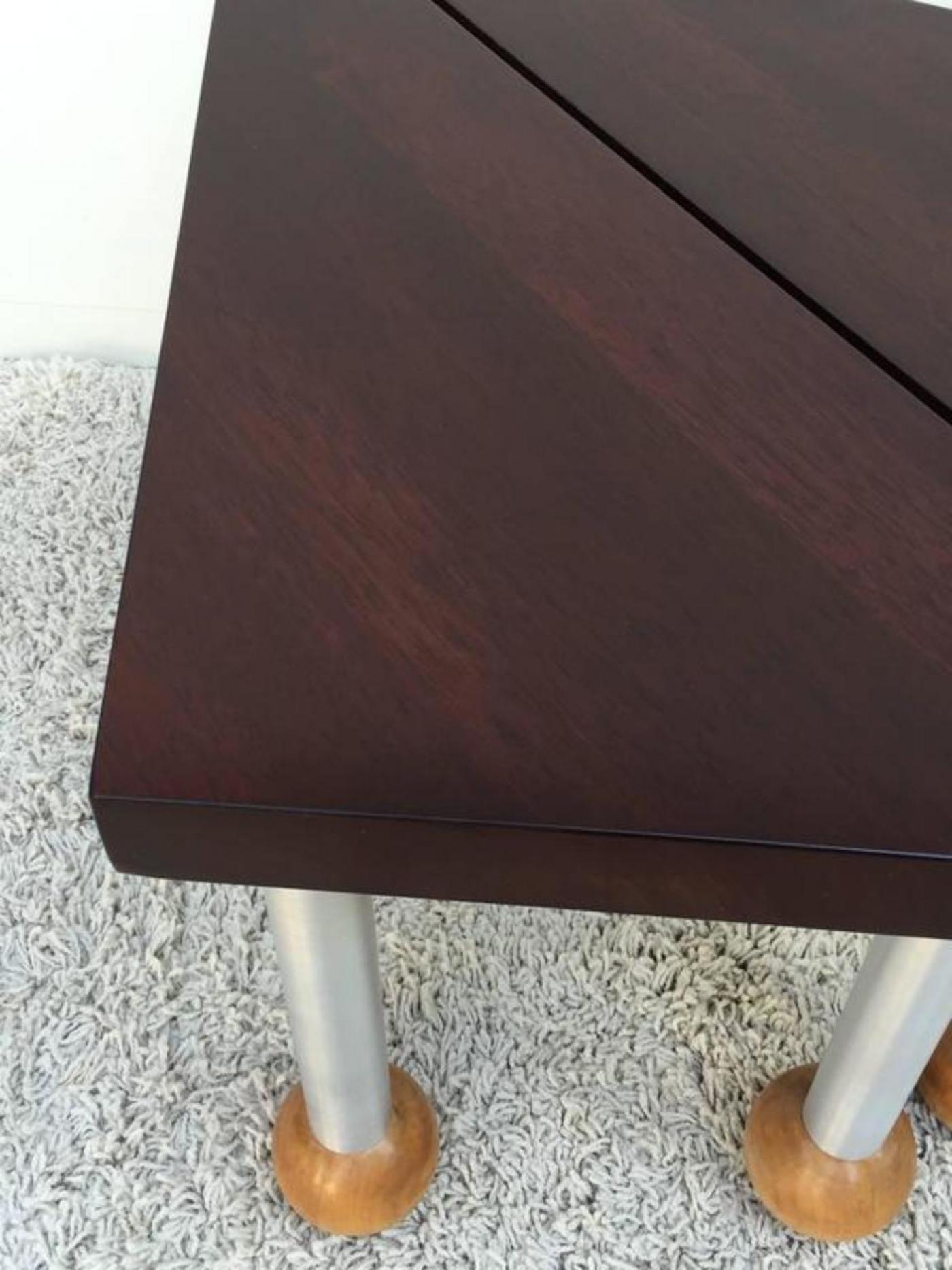 Russel Wright - Pair Triangular Tables Spun Aluminum Legs Blonde Mahogany Ball Feet