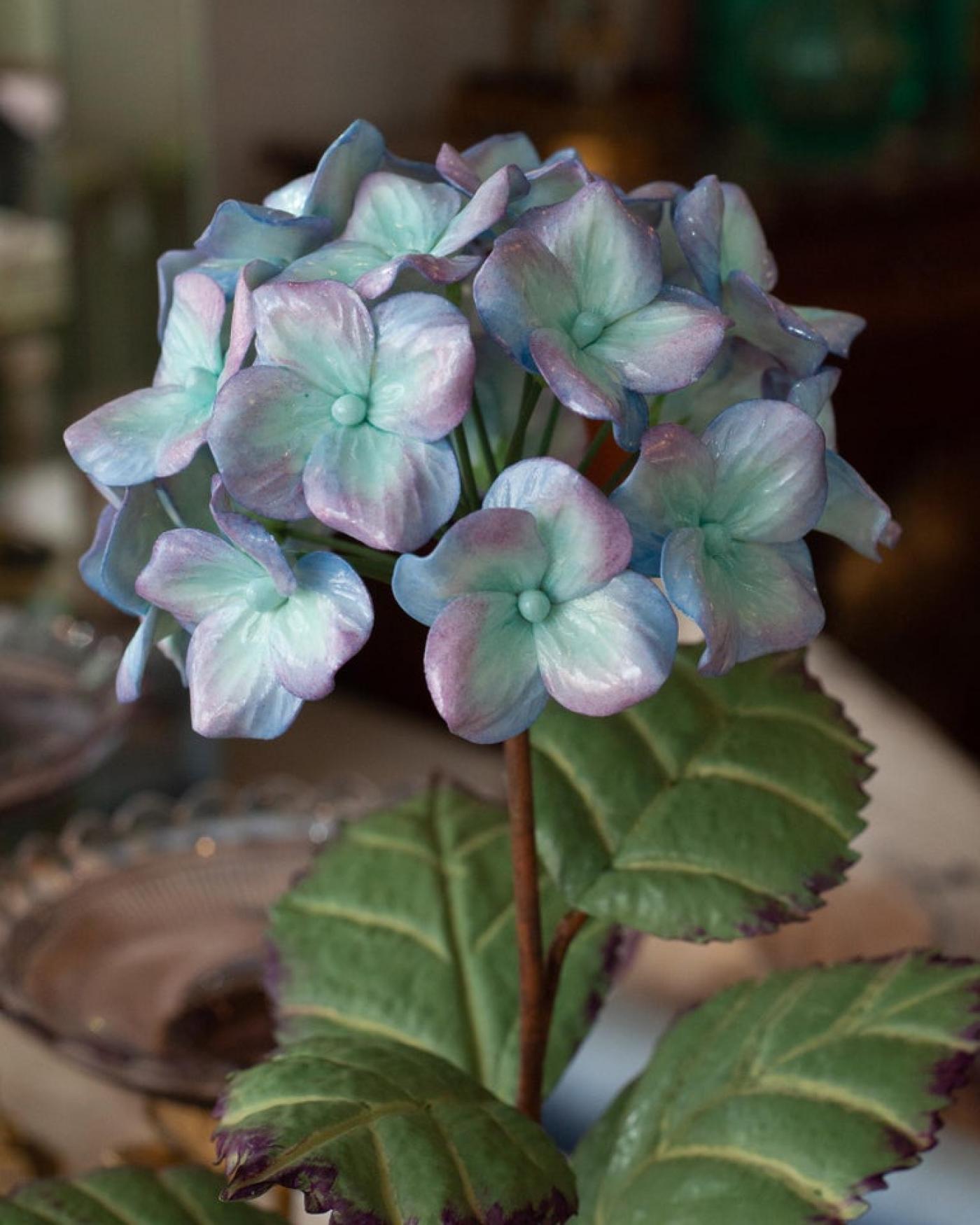 Samuel Mazy - Samuel Mazy Glazed Porcelain Purple and Blue Hydrangea Flower Sculpture