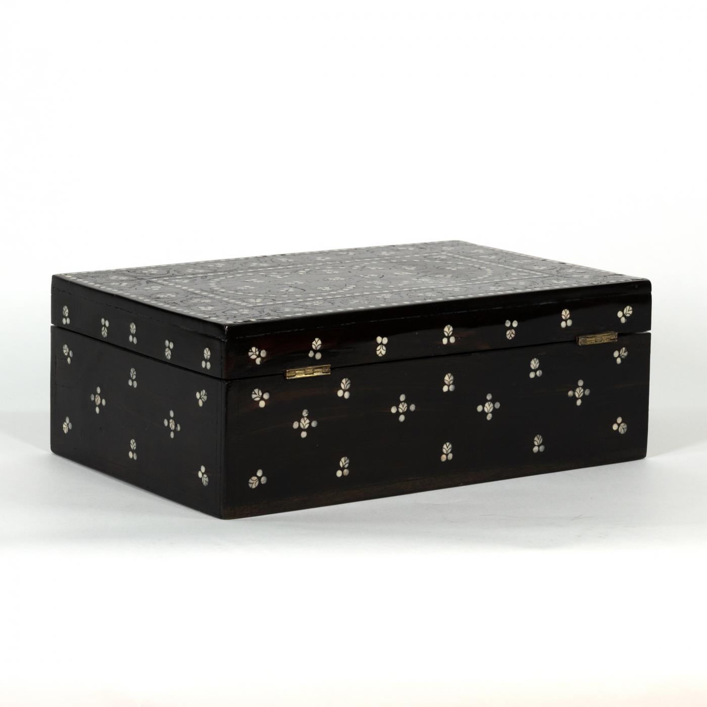 Solid Ebony Anglo Indian Box With Exceptional Bone Dot Inlay, Circa 1860.