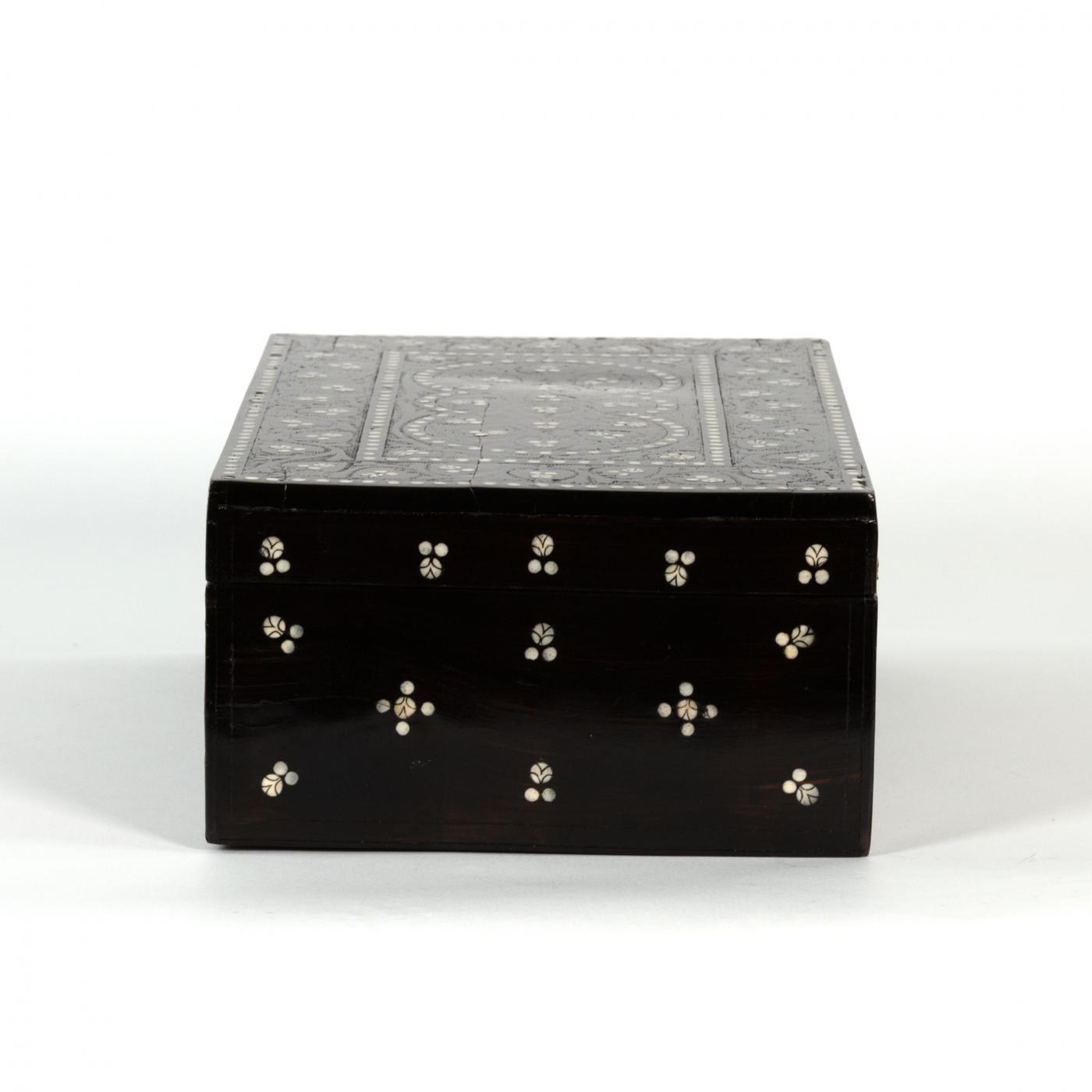 Solid Ebony Anglo Indian Box With Exceptional Bone Dot Inlay, Circa 1860.