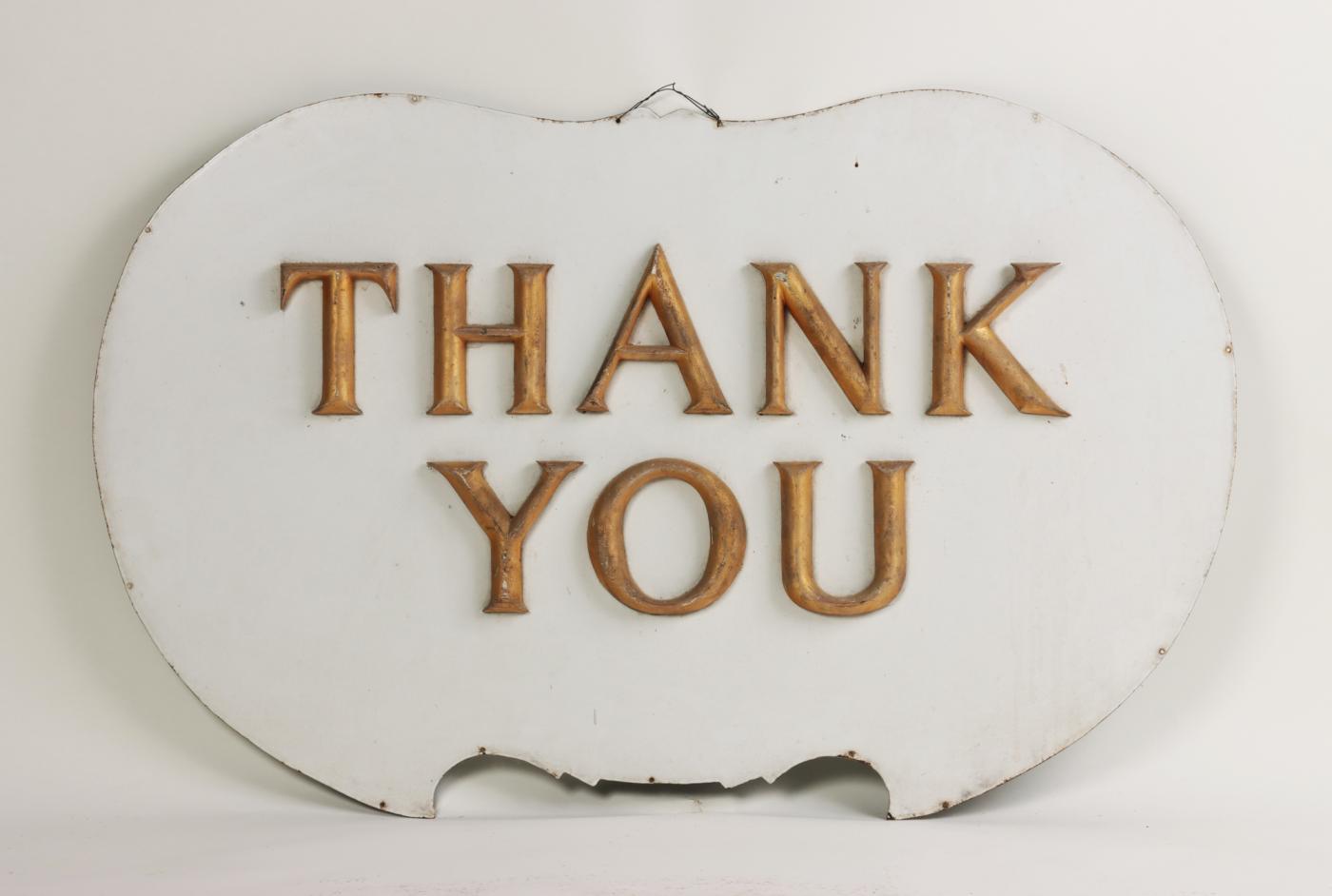 "Thank You" tole signage with raised letters 1950s American White and Gold
