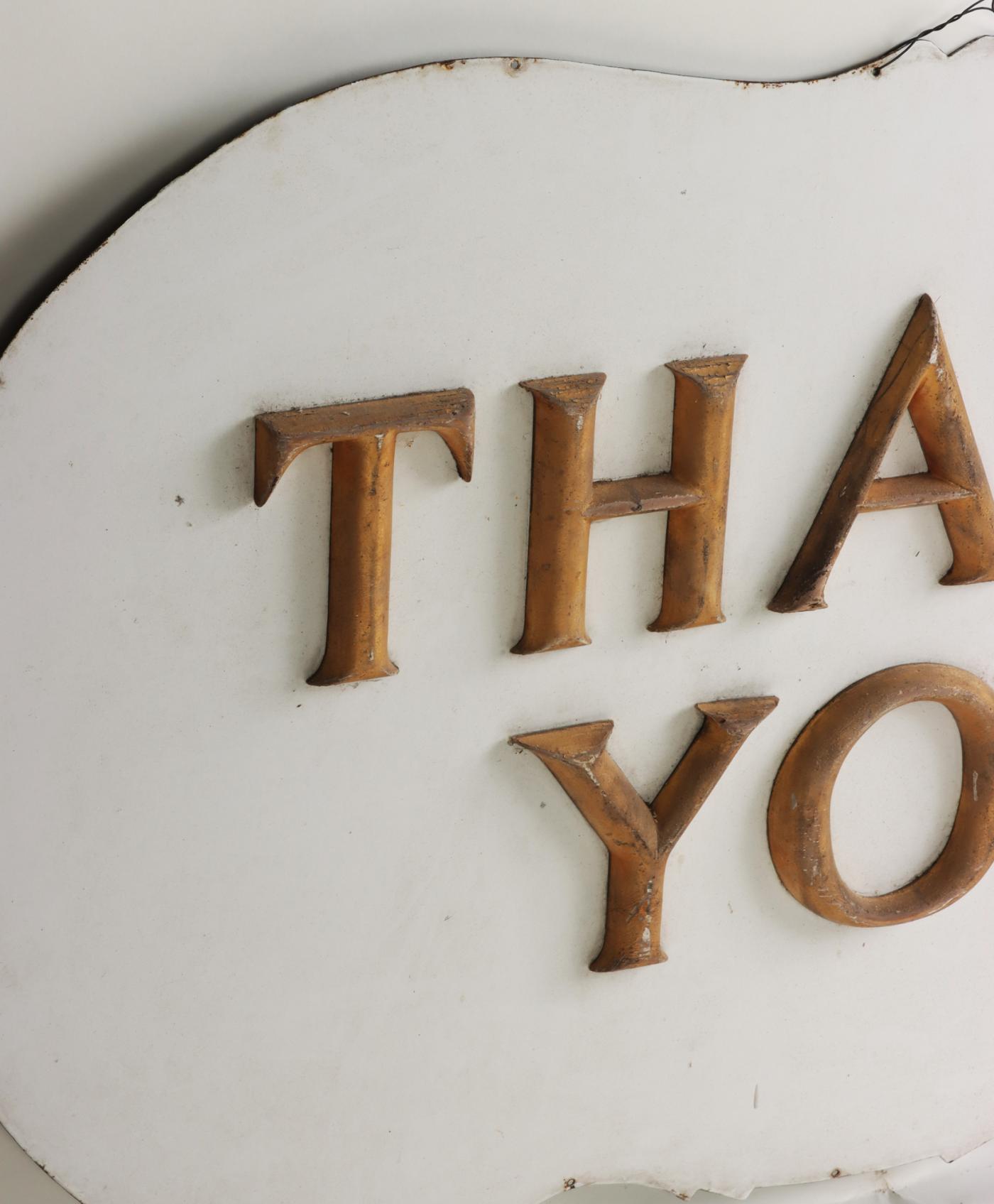 "Thank You" tole signage with raised letters 1950s American White and Gold