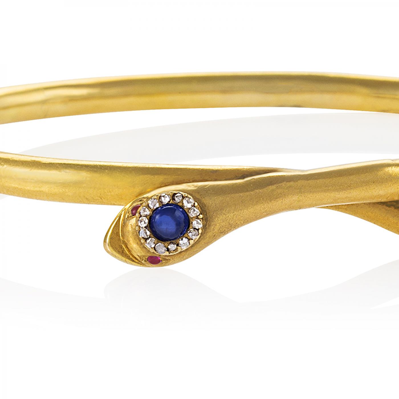 Victorian Gold Snake Bangle with Diamond, Sapphire and Ruby