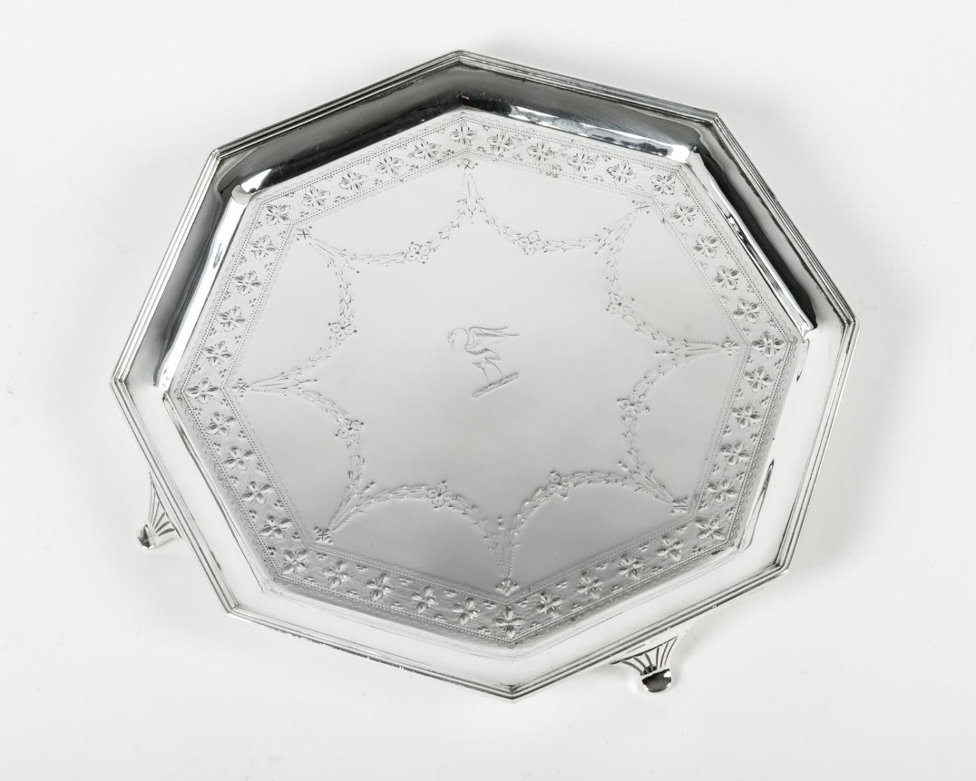 Vintage English Silver Plate Octagonal Footed Tray with Family Crest