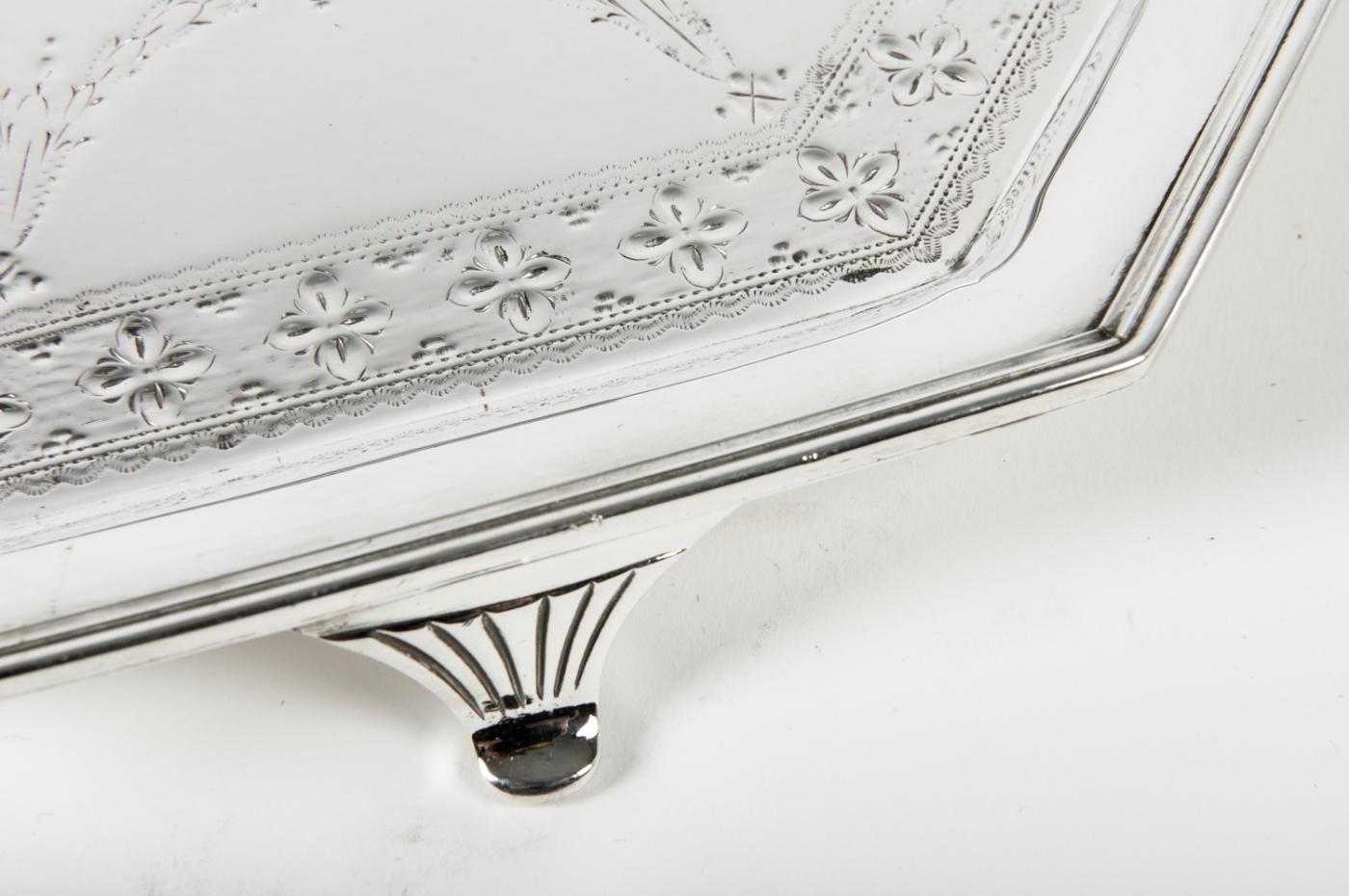 Vintage English Silver Plate Octagonal Footed Tray with Family Crest