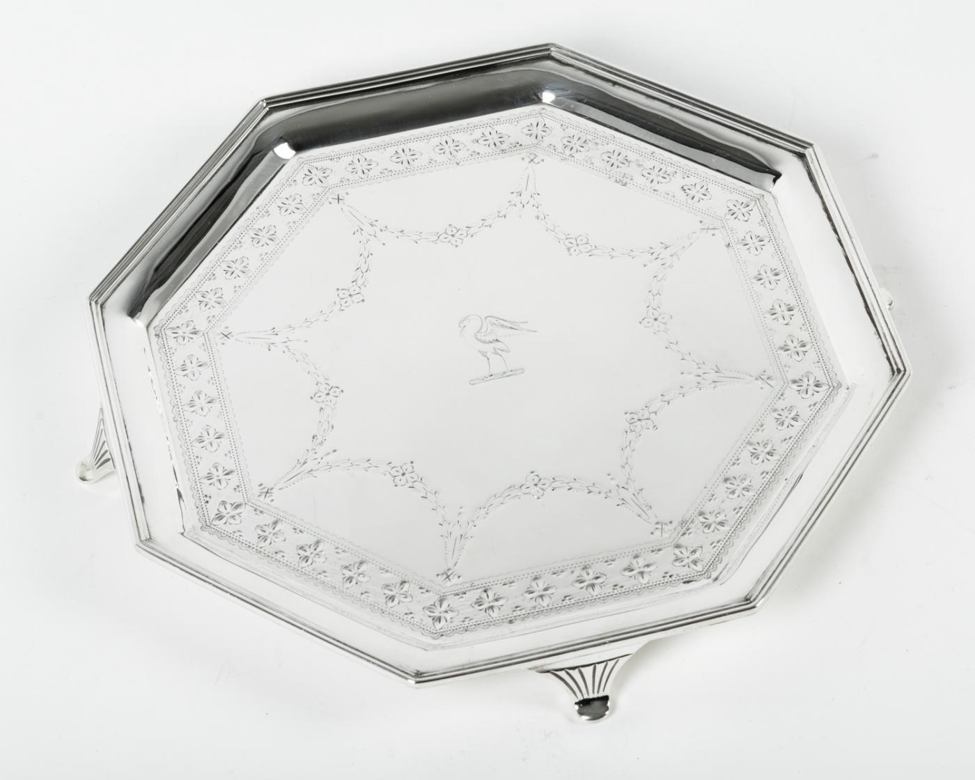 Vintage English Silver Plate Octagonal Footed Tray with Family Crest