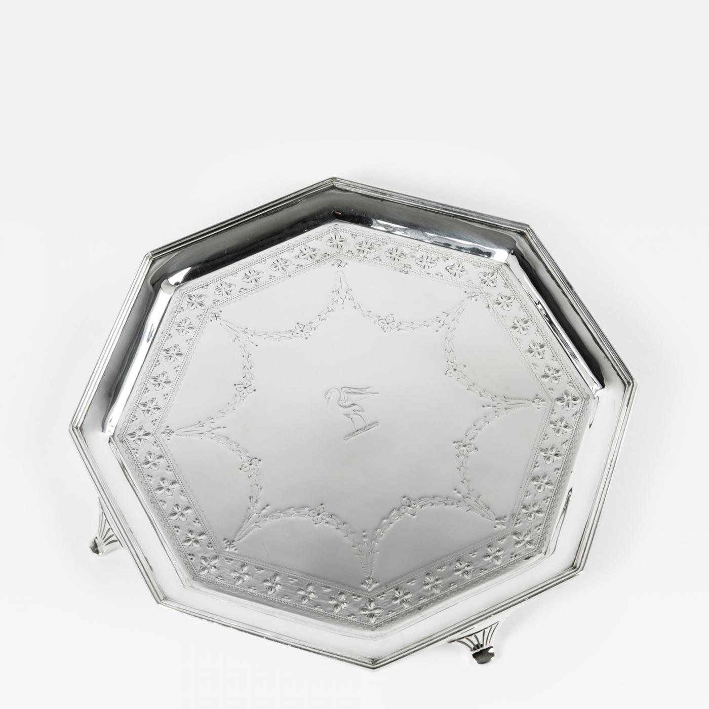 Vintage English Silver Plate Octagonal Footed Tray with Family Crest