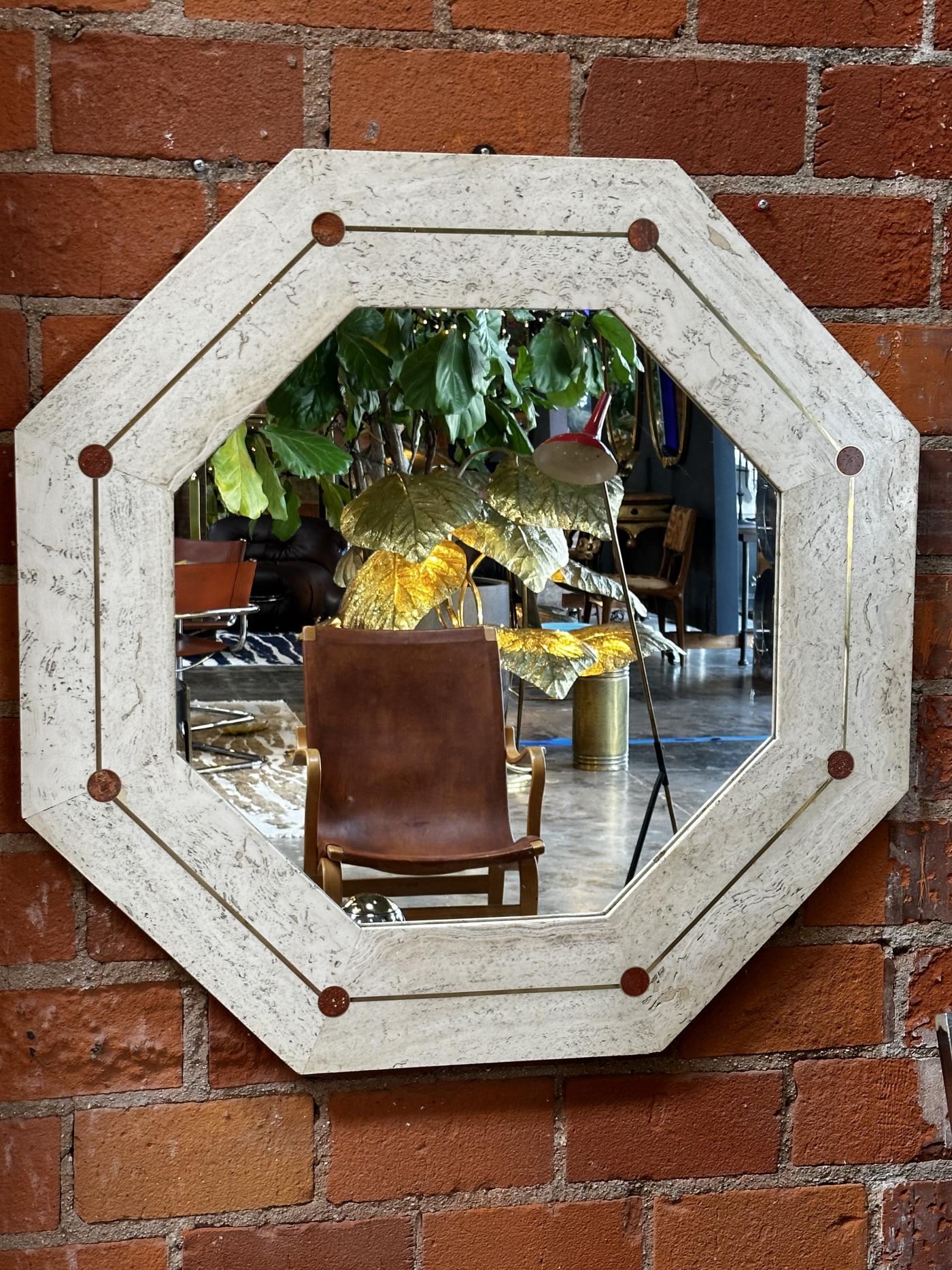 Vintage Italian Octagonal Travertine Wall Mirror 1980s