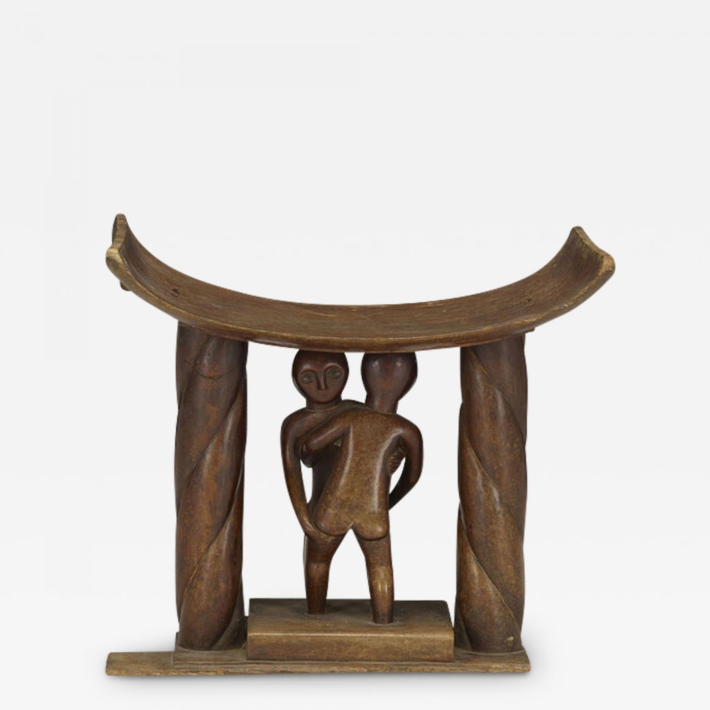 WOODEN CARVED AKAN STOOL WITH WRESTLERS
